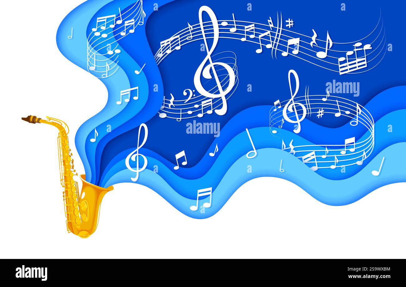 Paper cut saxophone musical background with flowing musical notes ...