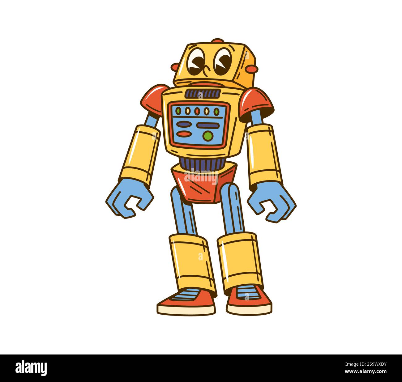 Cartoon groovy retro robot character or transformer droid with funny ...