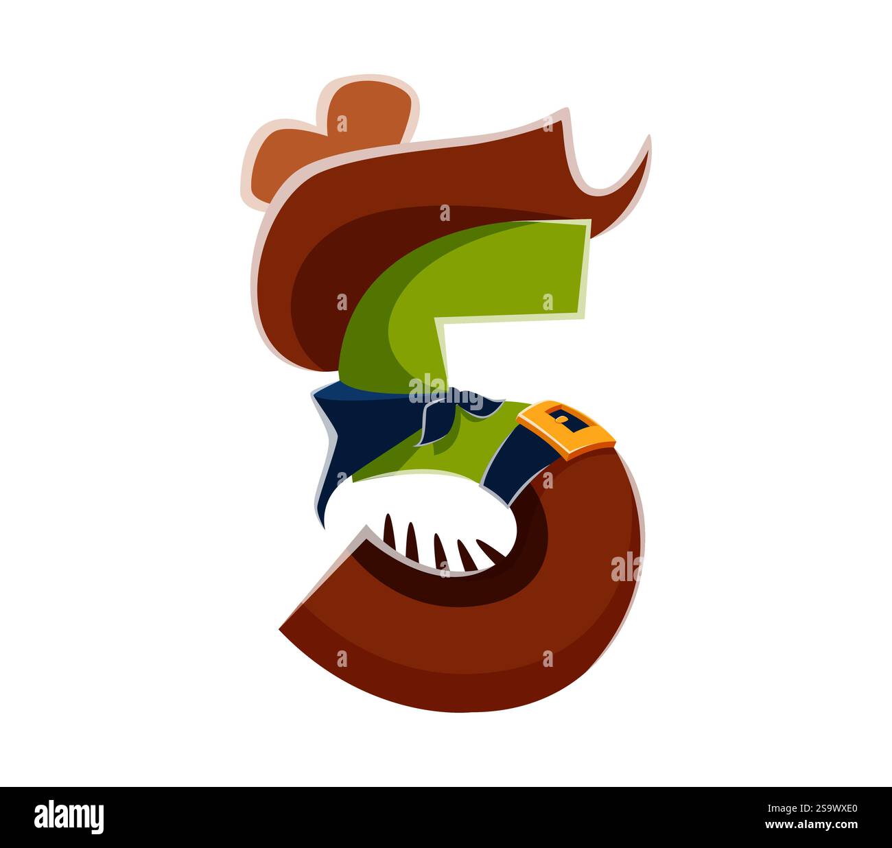 Cartoon number five with cowboy hat, neck scarf and pants. Isolated ...