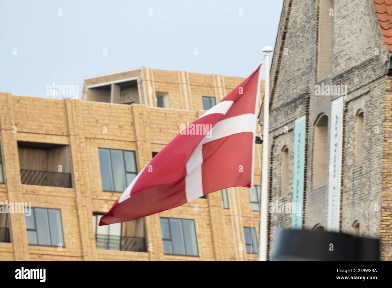 The flag of Denmark Dannebrog flutters at Strandgade, Copenhagen ...