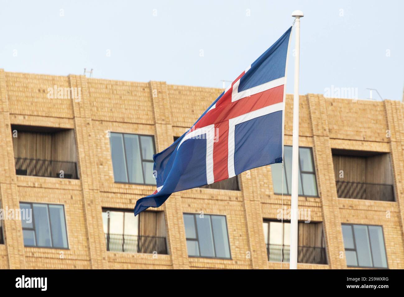 The flag of Iceland flutters at Strandgade, Copenhagen, Denmark ...