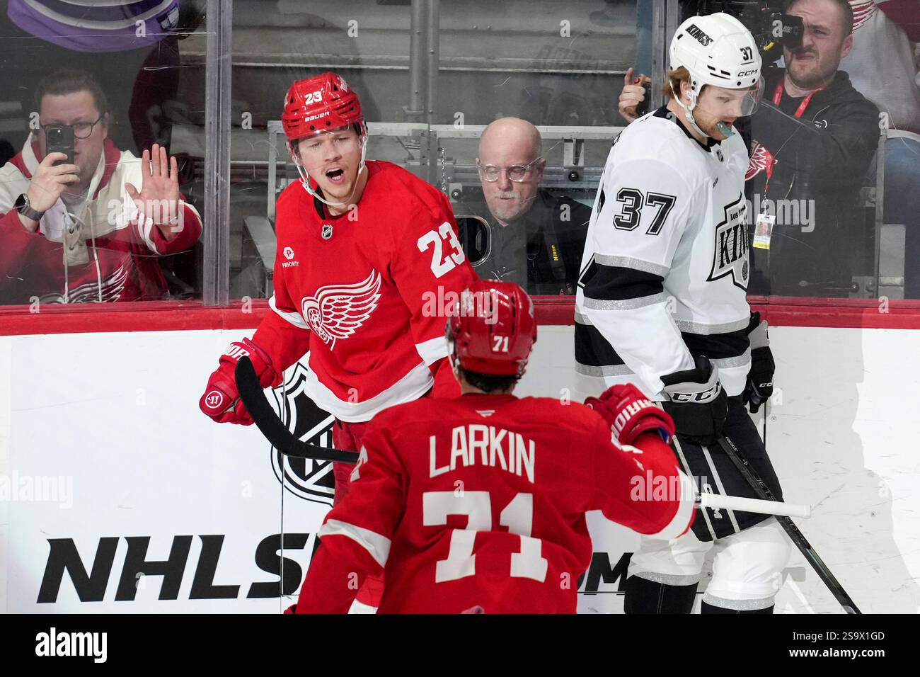 Detroit Red Wings left wing Lucas Raymond (23) celebrates his goal with ...