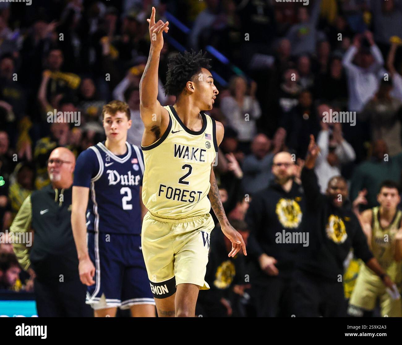 January 25, 2024: Wake Forest guard Juke Harris (2) celebrates 3 point ...