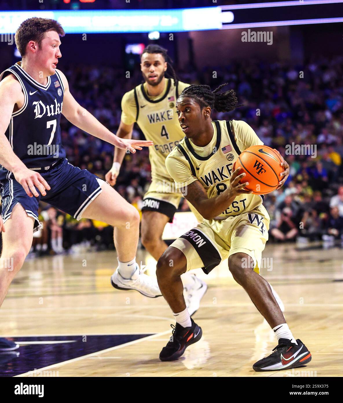 January 25, 2024: Wake Forest guard Ty-Laur Johnson (8) gets ball in ...