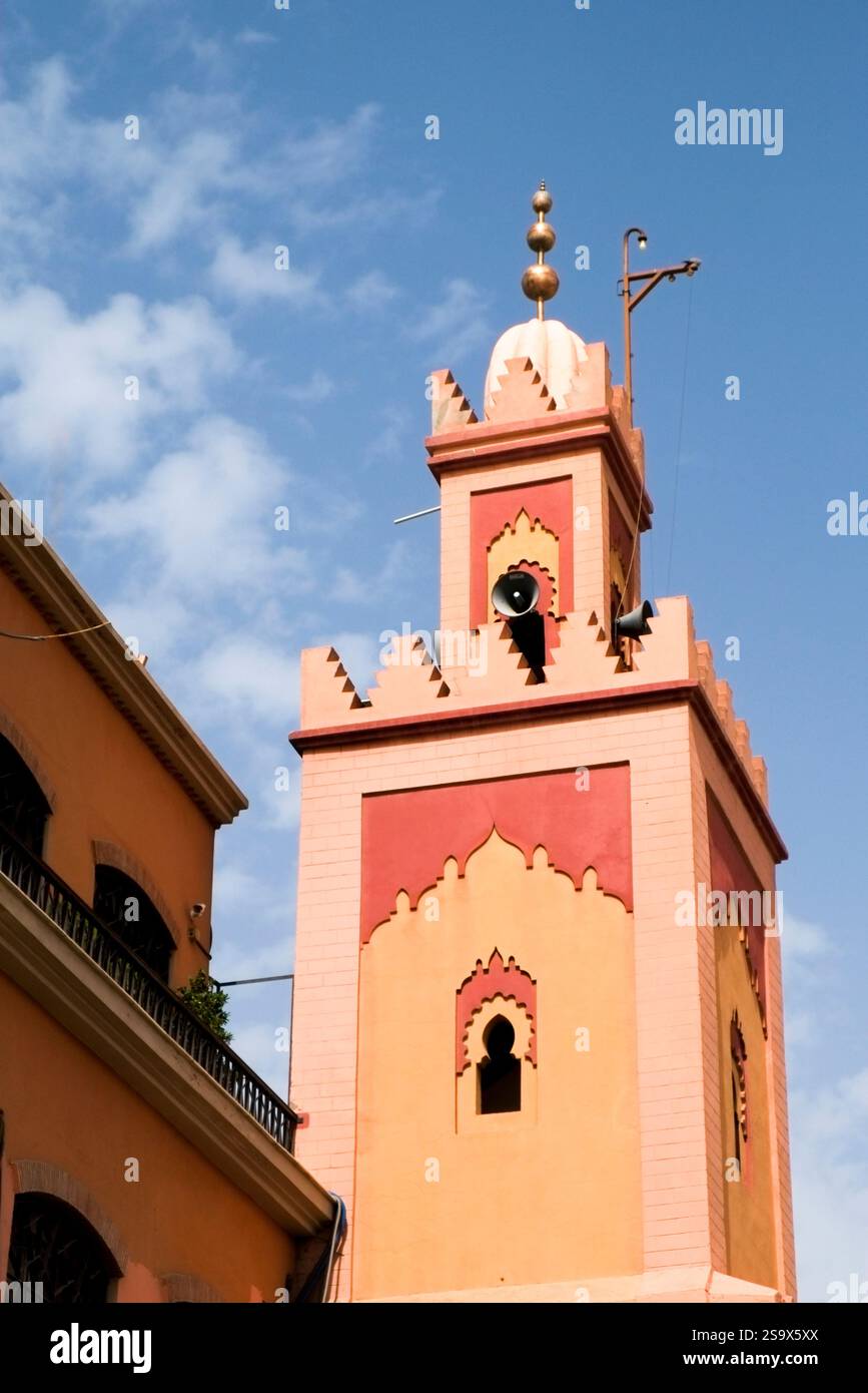 Marrakech, Morocco. Turret of a mosque emitting the call for prayer ...