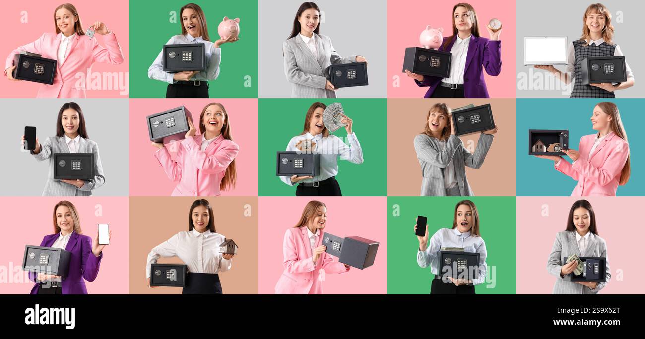 Collage of young businesswomen with safe boxes on color background ...