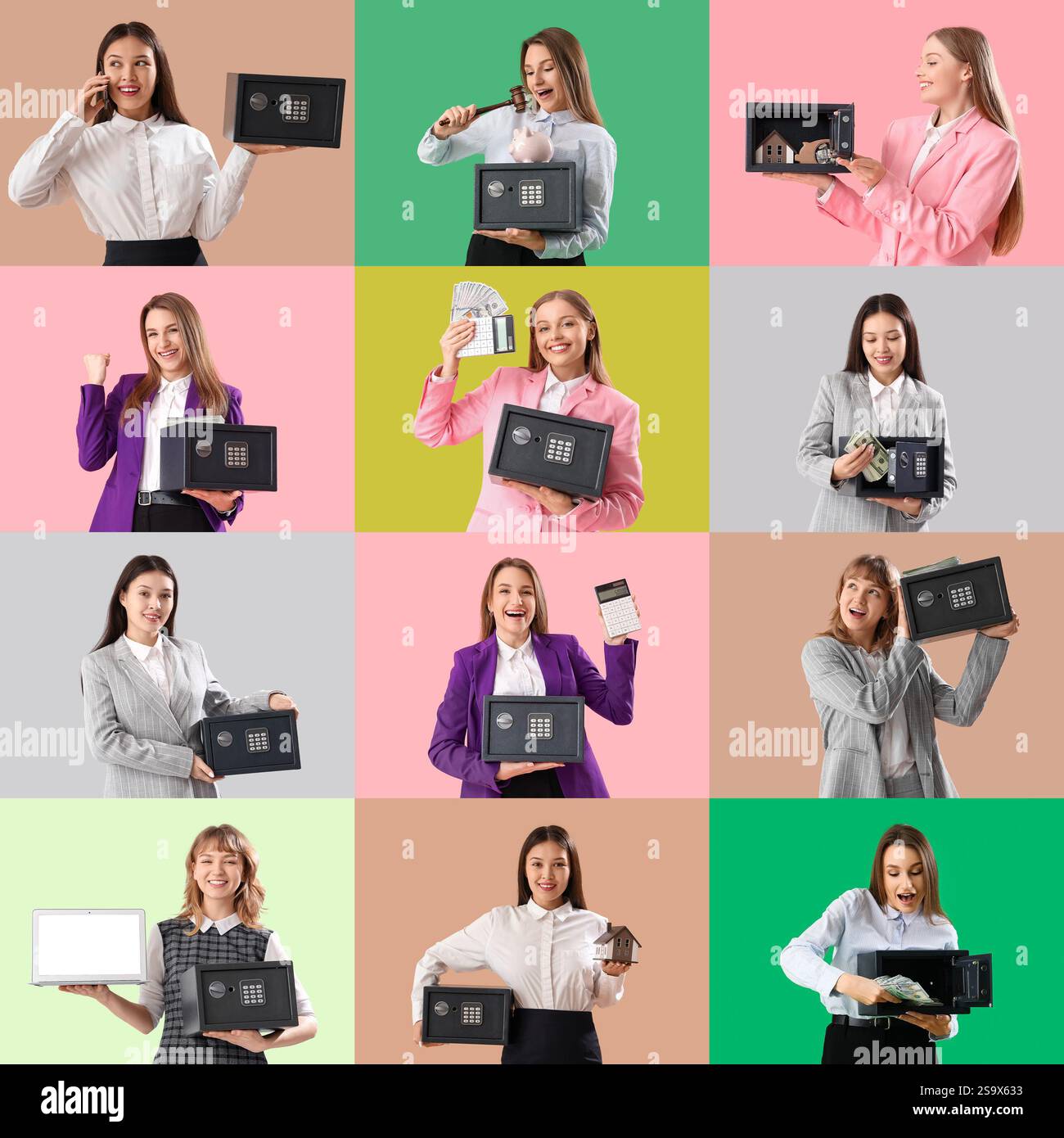 Collage of young businesswomen with safe boxes on color background ...