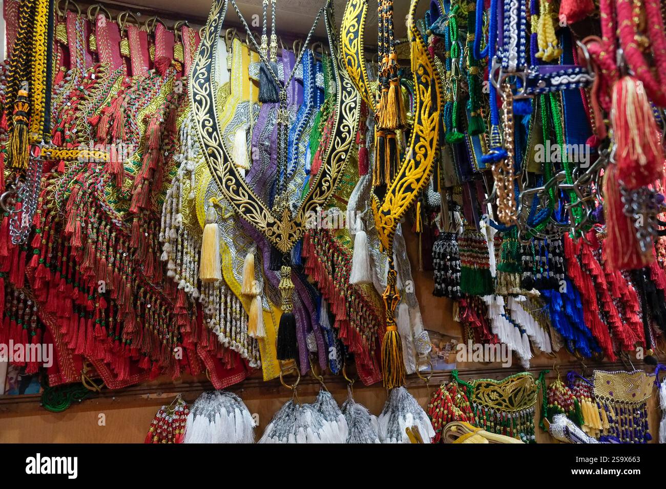 Fes, Morocco. Fancy embroidered tack for horses and camels Stock Photo ...