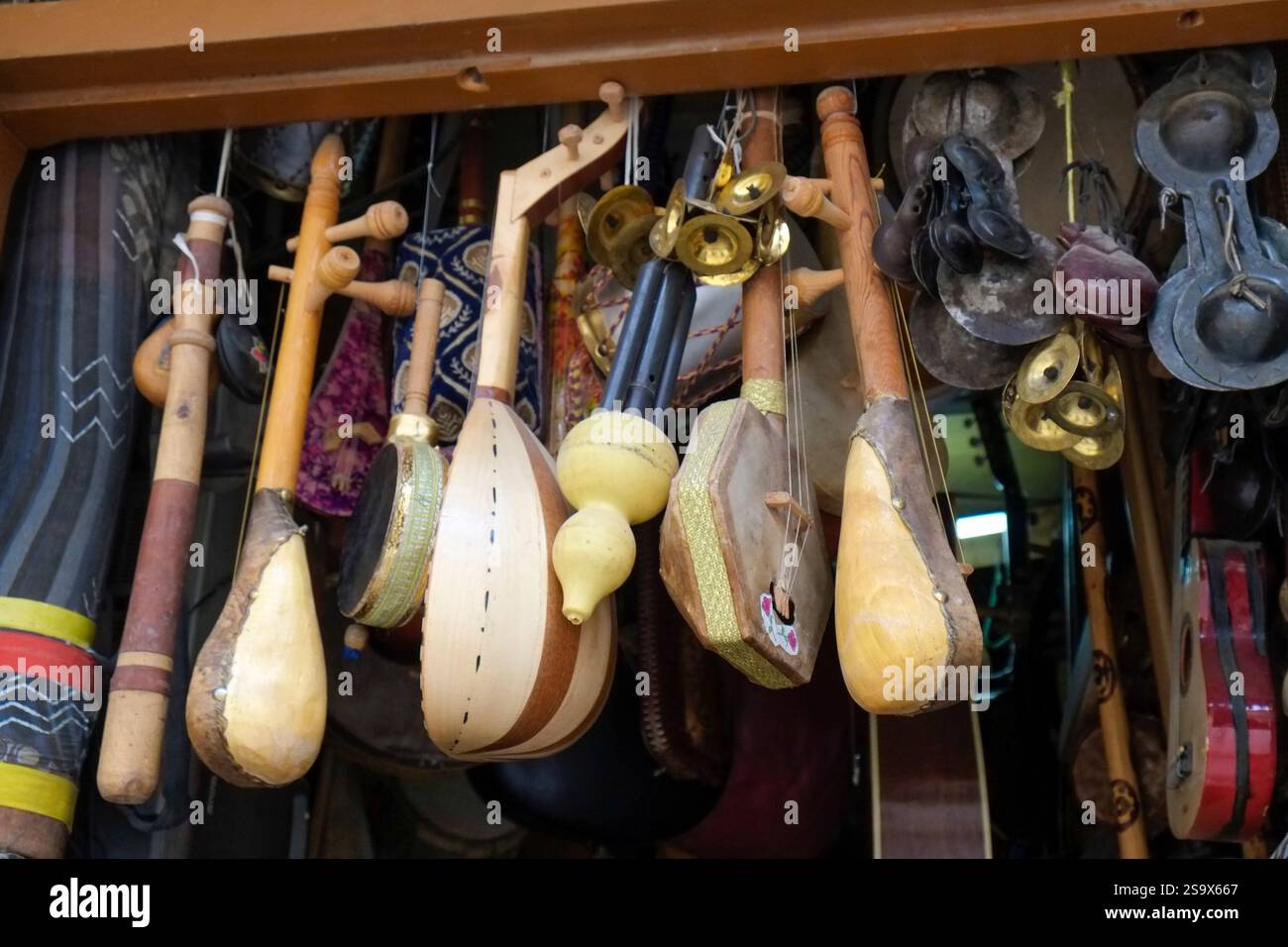Fes, Morocco. Traditional musical instruments for sale at a music shop ...