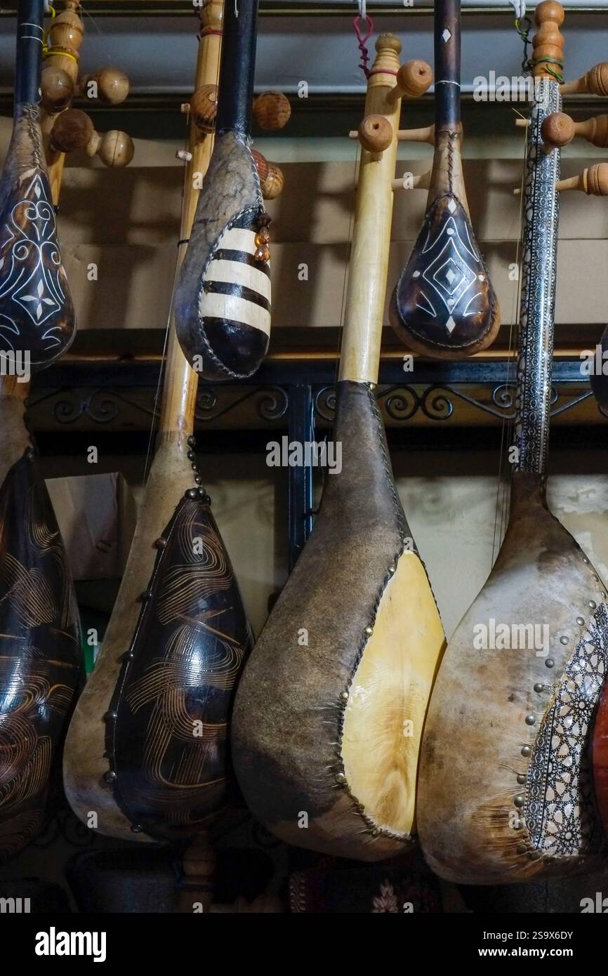 Fes, Morocco. Traditional musical instruments for sale at a music shop ...