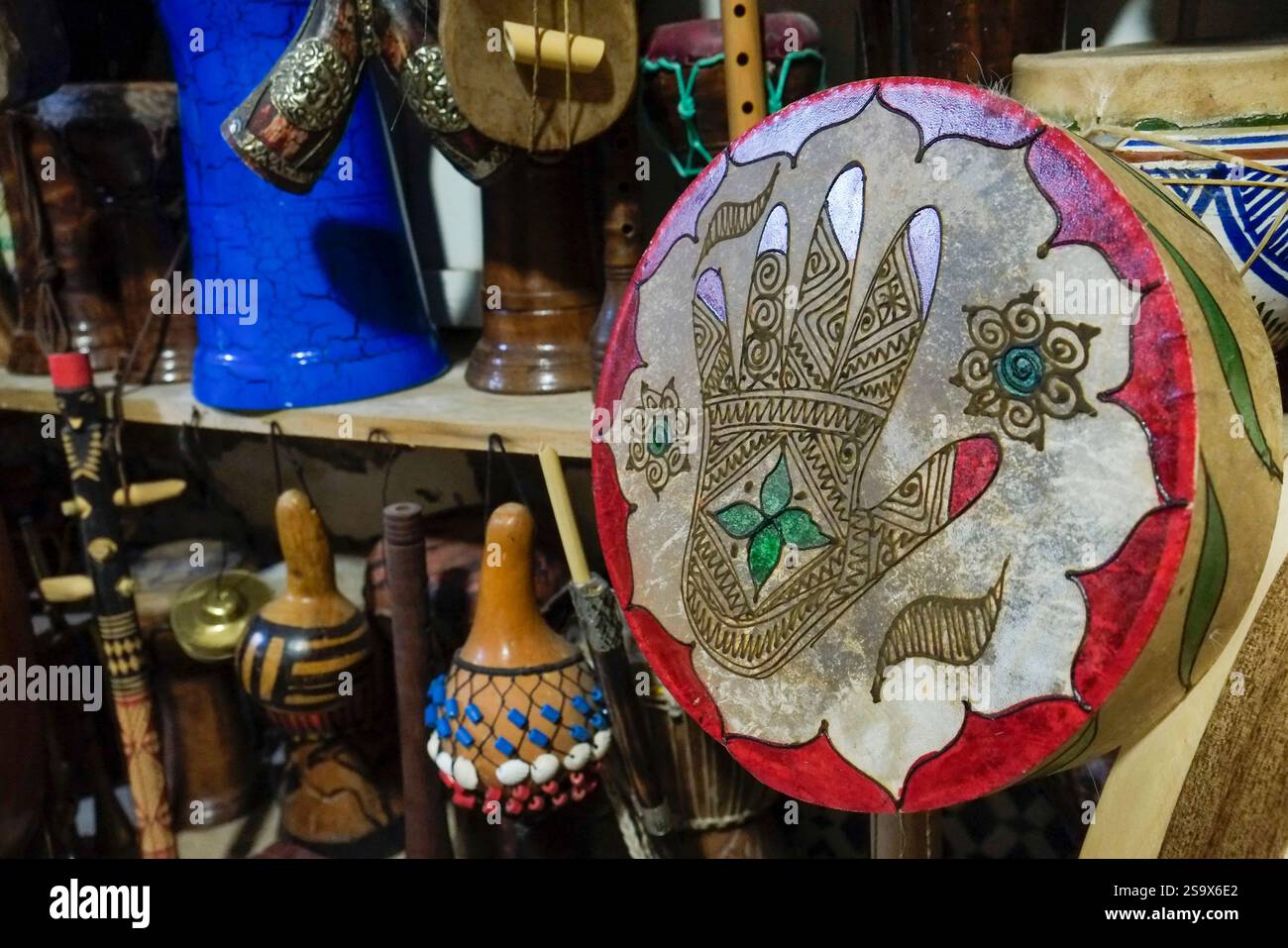Fes, Morocco. Traditional musical instruments for sale at a music shop ...