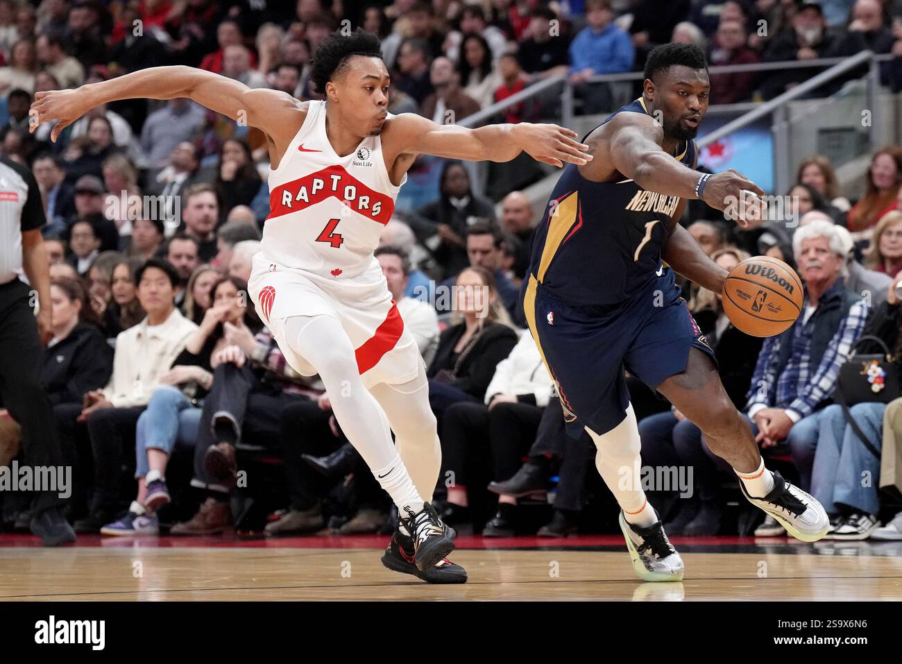 Toronto, Canada. 27th Jan, 2025. New Orleans Pelicans forward Zion Williamson (1) drives past ...