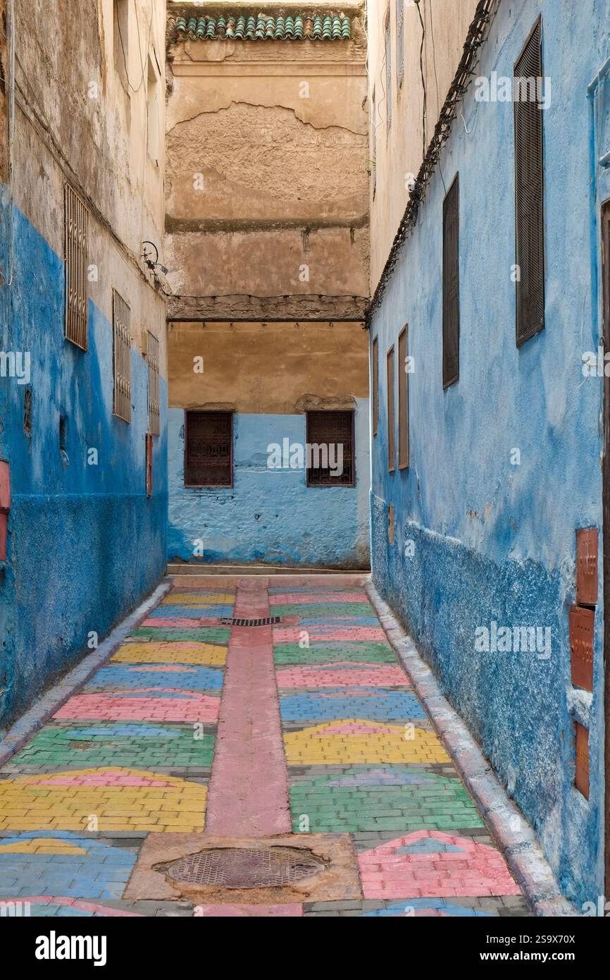Fes, Morocco. Colorful blue walls in one of the many alleyways in the ...