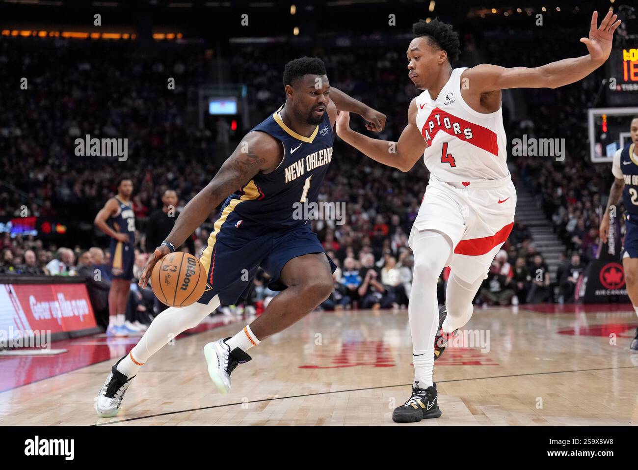Toronto, Canada. 27th Jan, 2025. New Orleans Pelicans forward Zion Williamson (1) drives to the ...