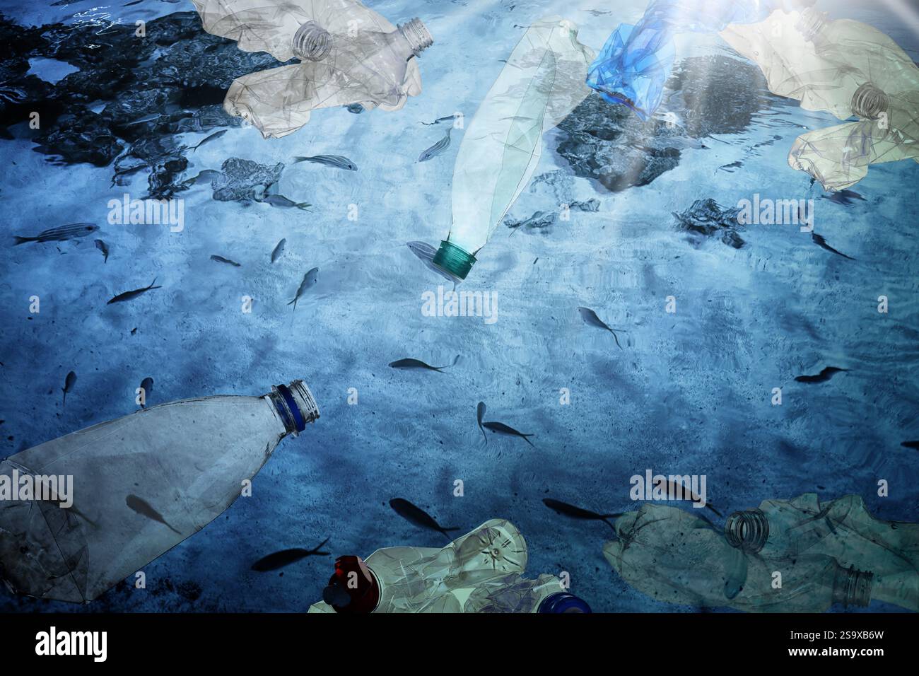 Environmental pollution. Ocean water with marine life and plastic ...