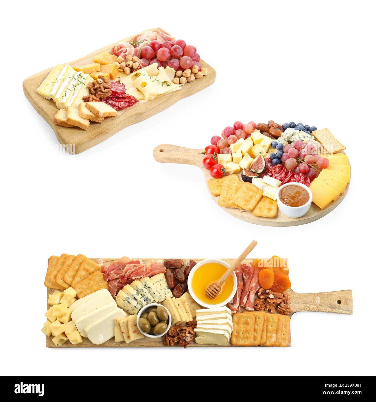 Different types of cut cheese and other snacks isolated on white ...