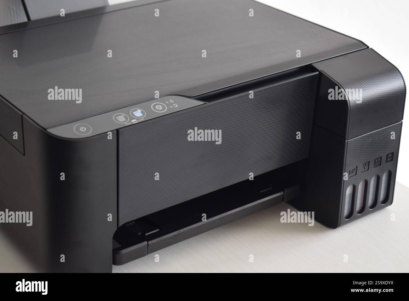 Printer, copier, scanner on white table with white background Stock Photo - Alamy