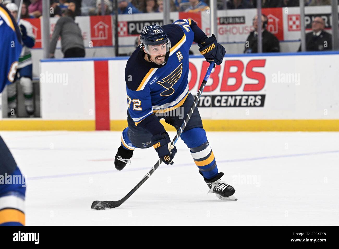 St. Louis Blues' Justin Faulk (72) shoots against the Vancouver Canucks ...