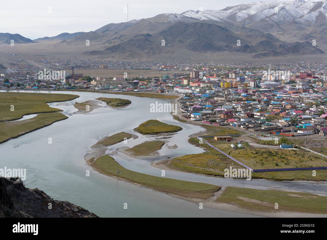 Asia, Mongolia, Bayan-Olgii Province, Olgii, River Khovd. A view of the ...