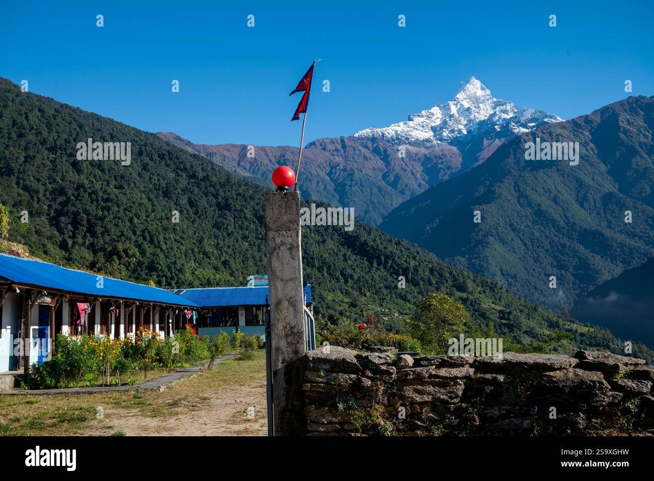 Nepal, teahouse on the Mardi Himal Trek and Machapuchare Mountain Stock ...