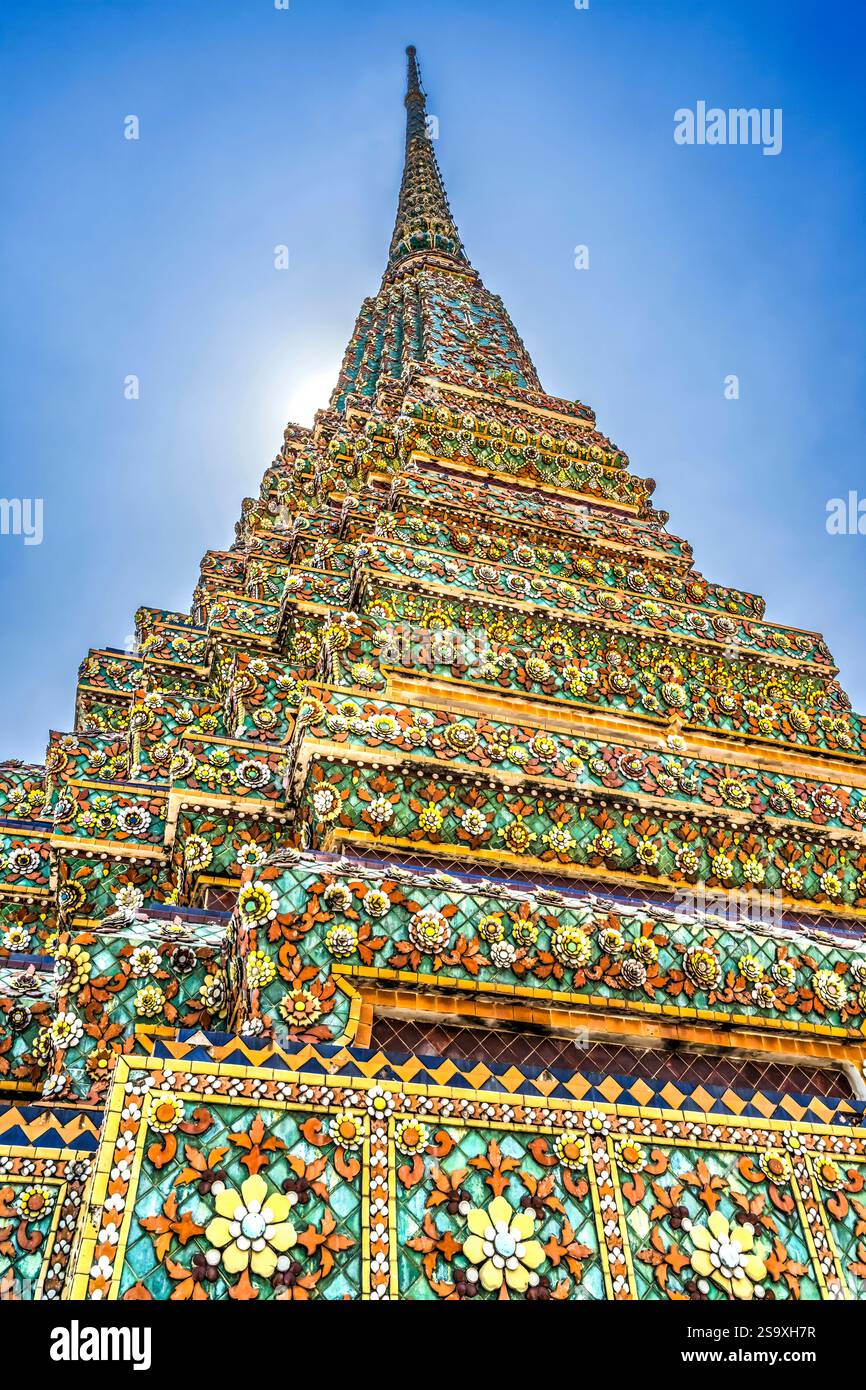 Colorful ceramic Chedi spire pagoda, Wat Pho Temple, Bangkok, Thailand ...