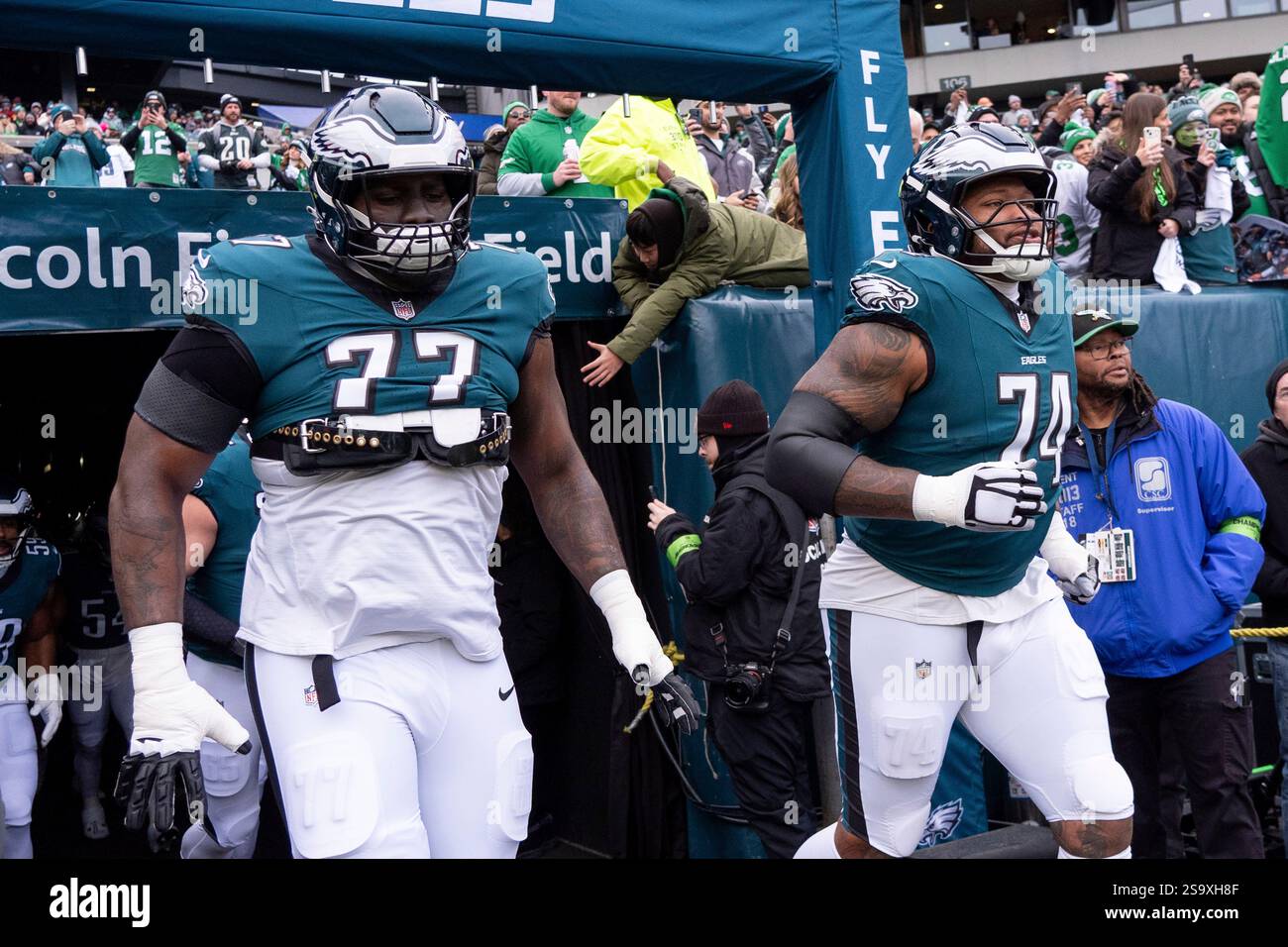 Philadelphia Eagles tackle Mekhi Becton (77) and tackle Fred Johnson ...