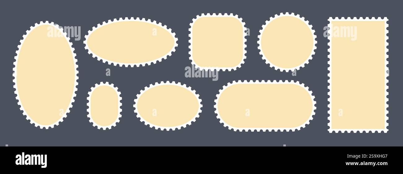 Beige postage stamps set. Post stamp frames and borders. Ellipse and ...
