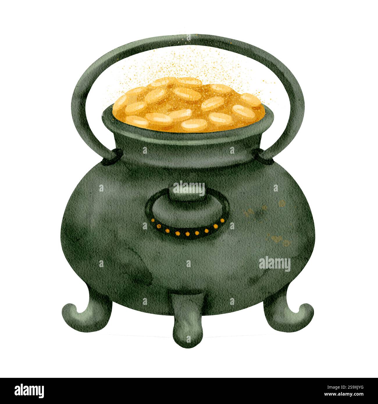 An enchanting mystical cauldron brimming with sparkling golden coins ...