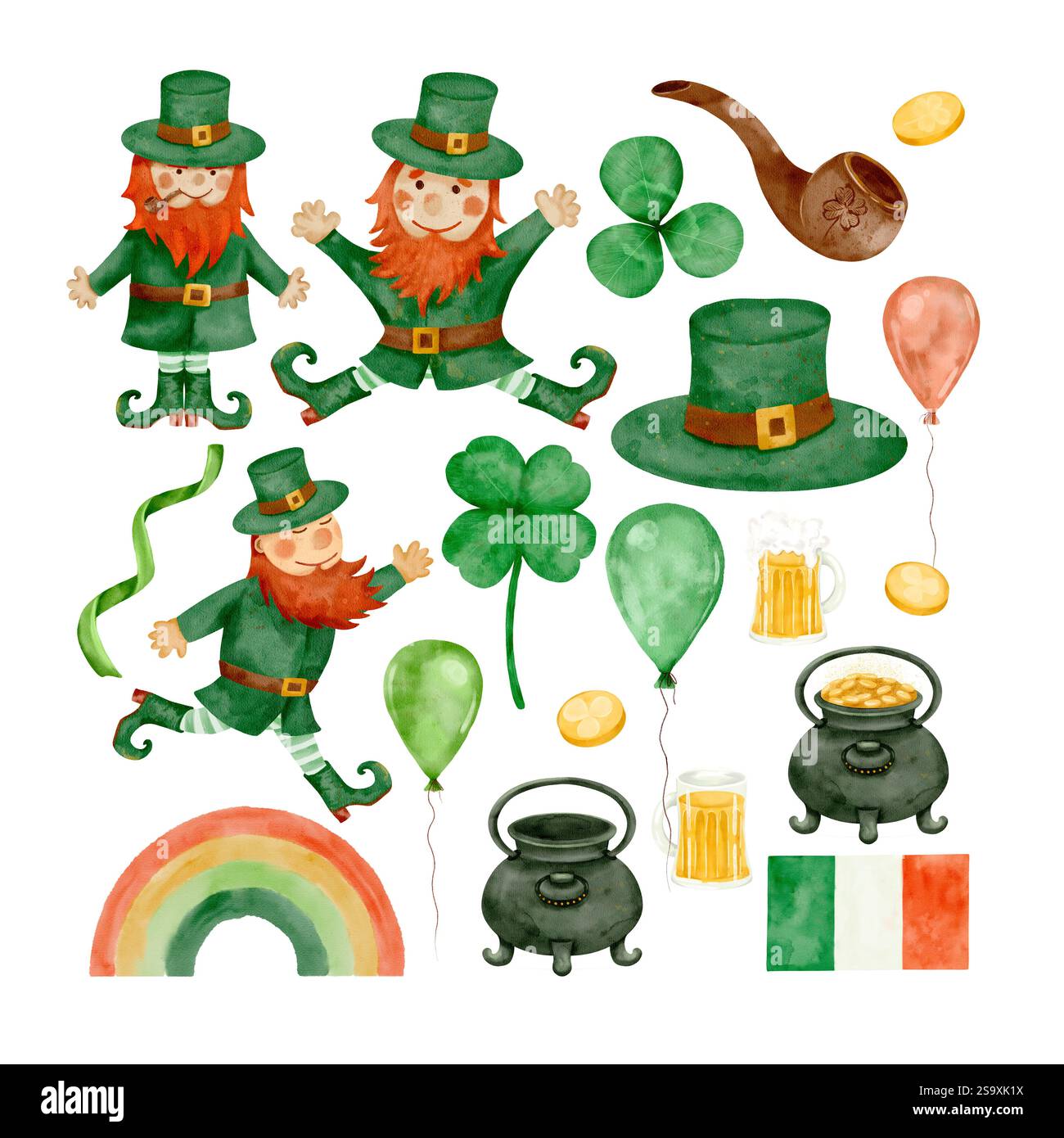 Colorful illustrations of cheerful leprechauns, shamrocks, and festive ...