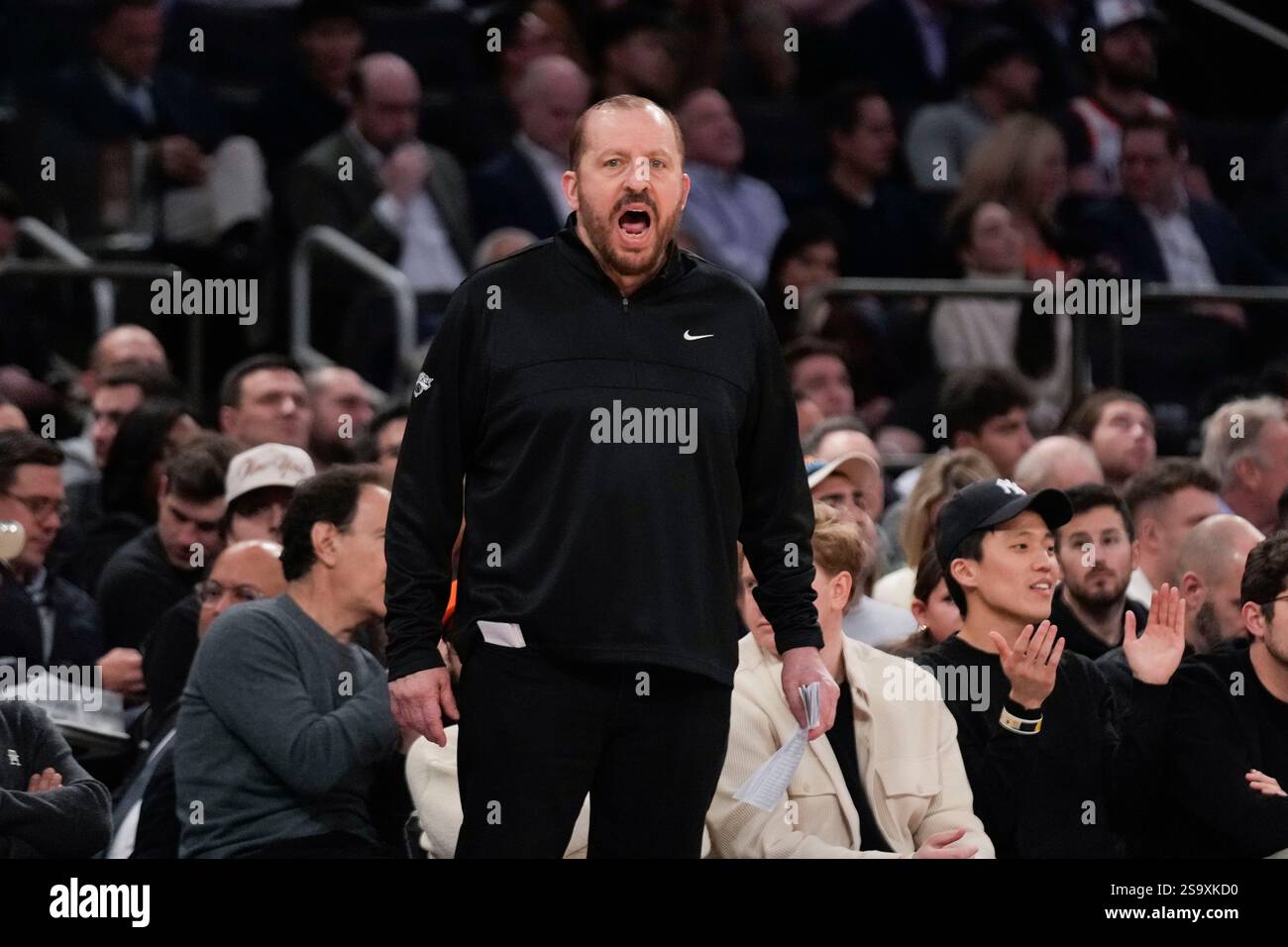 New York Knicks head coach Tom Thibodeau yells during the first half of ...