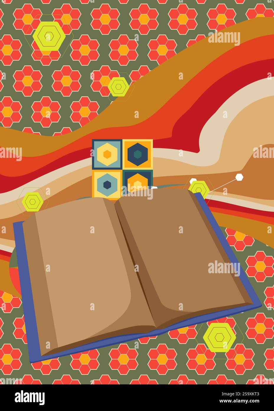 Retro 70s Background with Book. Groovy Education 1970s art template ...