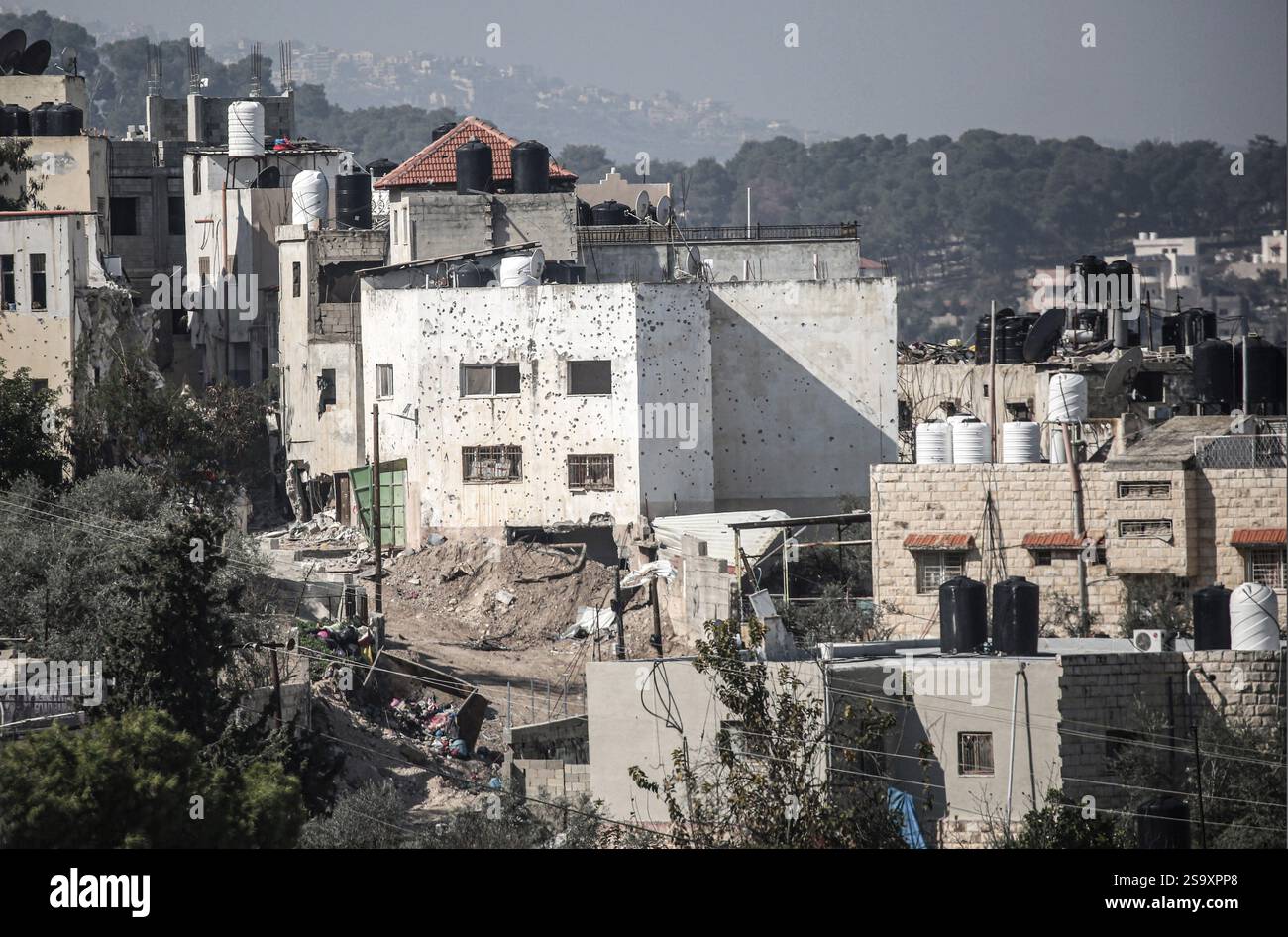 Jenin, Palestine. 27th Jan, 2025. A house riddled with bullets is seen ...