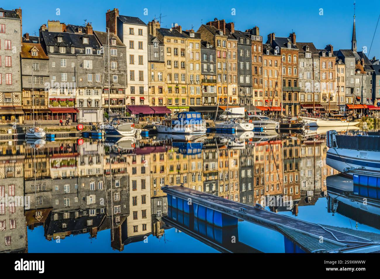 Colorful morning waterfront reflections, Inner Harbor, Honfleur, France ...