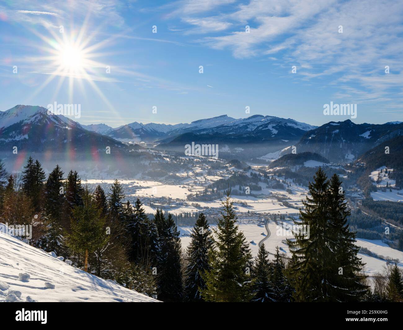 Valley of river Iller towards Mt. Hoher Ifen the. The Allgau Alps near ...