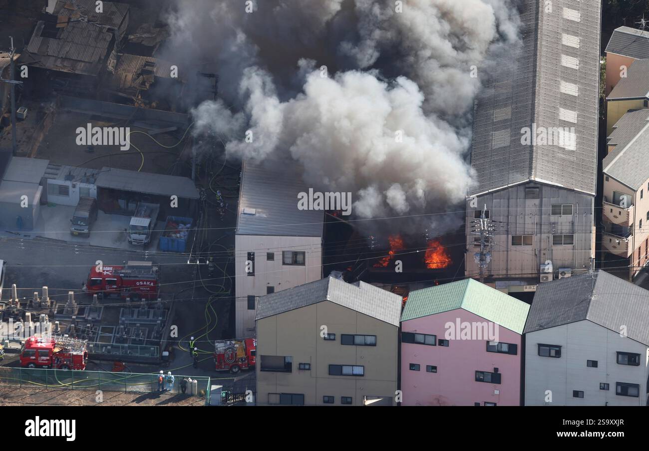 An aerial photo shows a fire scene at a warehouse area in Osaka City ...