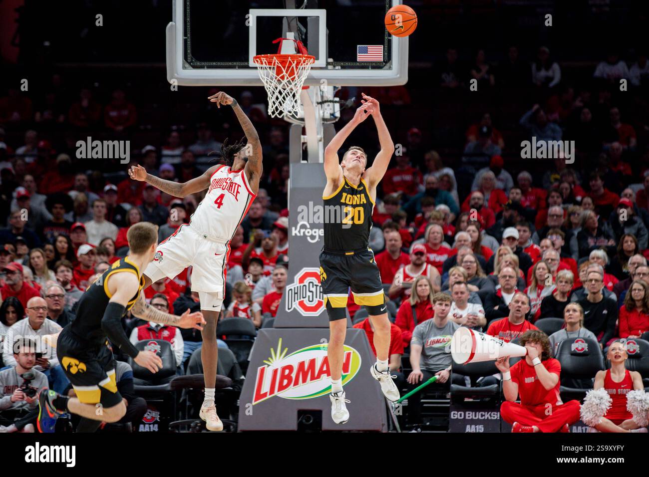 Columbus, Ohio, USA. 27th Jan, 2025. Ohio State Buckeyes forward Aaron Bradshaw (4) and Iowa ...