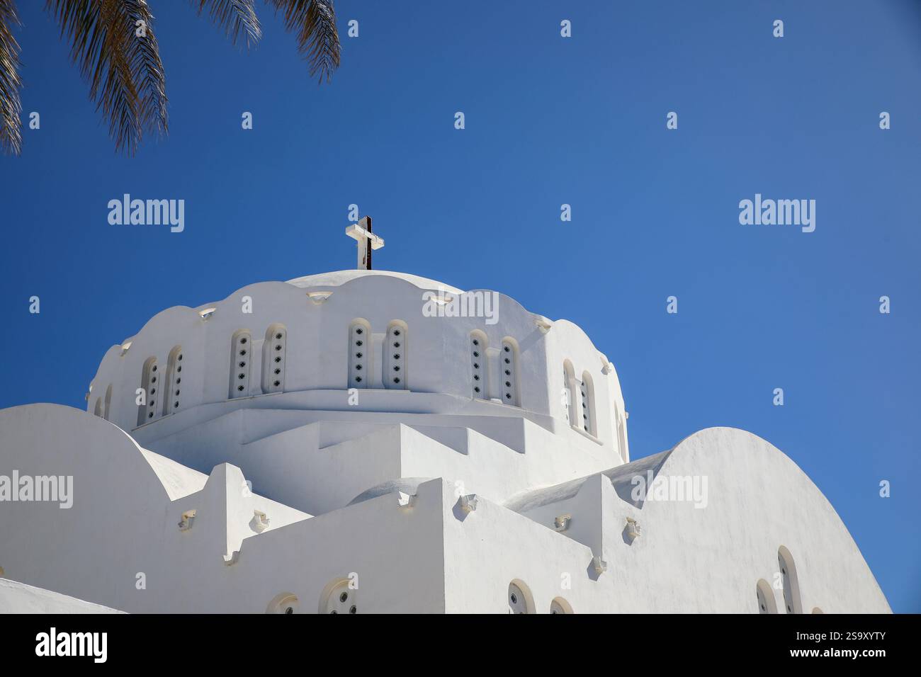 Thira, Santorini, Greece. Greek orthodox church, white washed ...