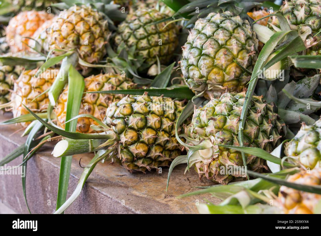 Pile of pineapples at the market Stock Photo - Alamy