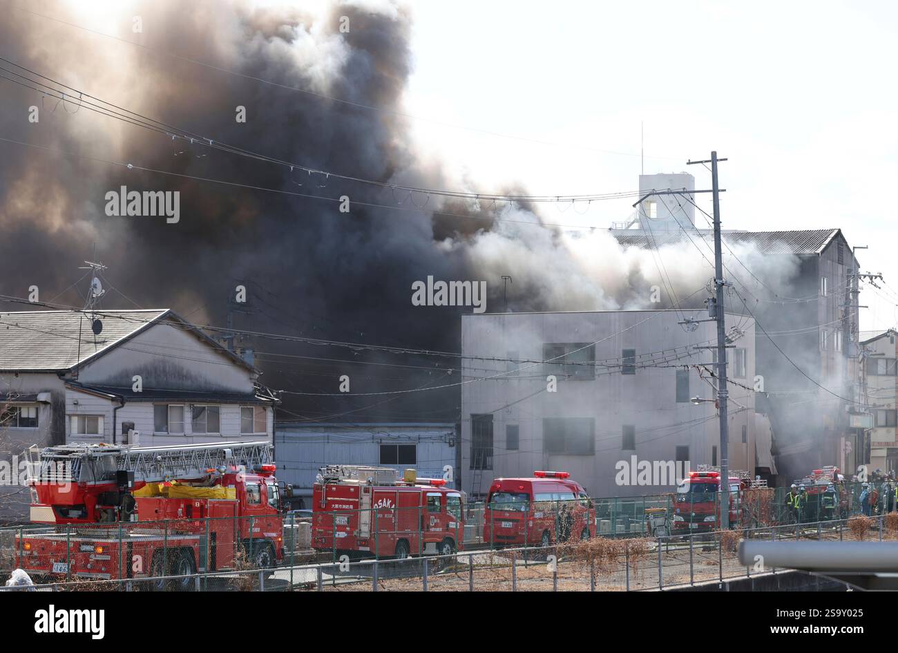 A photo shows a fire scene at a warehouse area in Osaka City, Osaka ...
