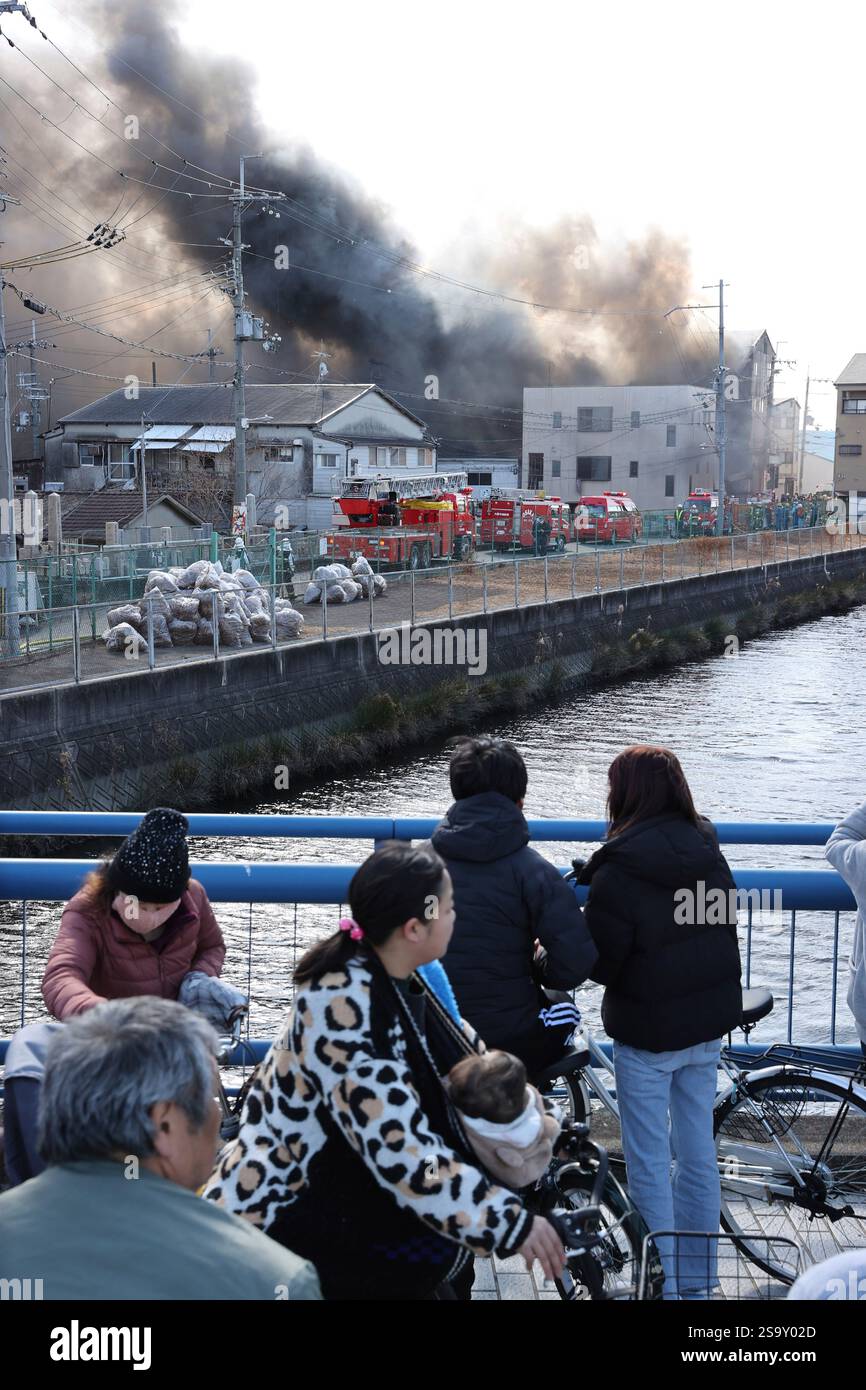 A photo shows a fire scene at a warehouse area in Osaka City, Osaka ...