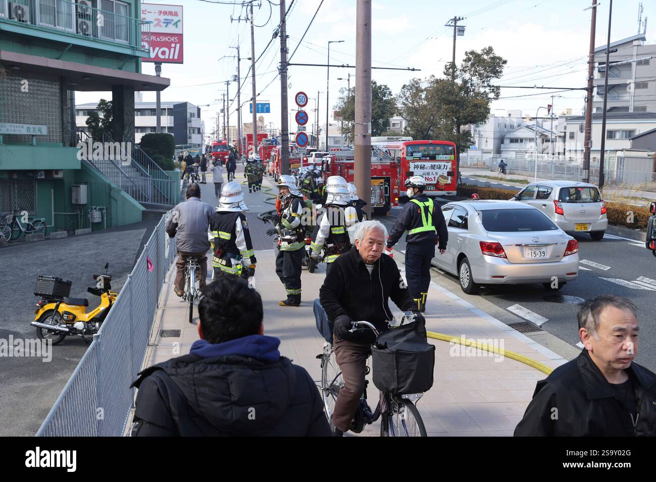 A photo shows a fire scene at a warehouse area in Osaka City, Osaka ...