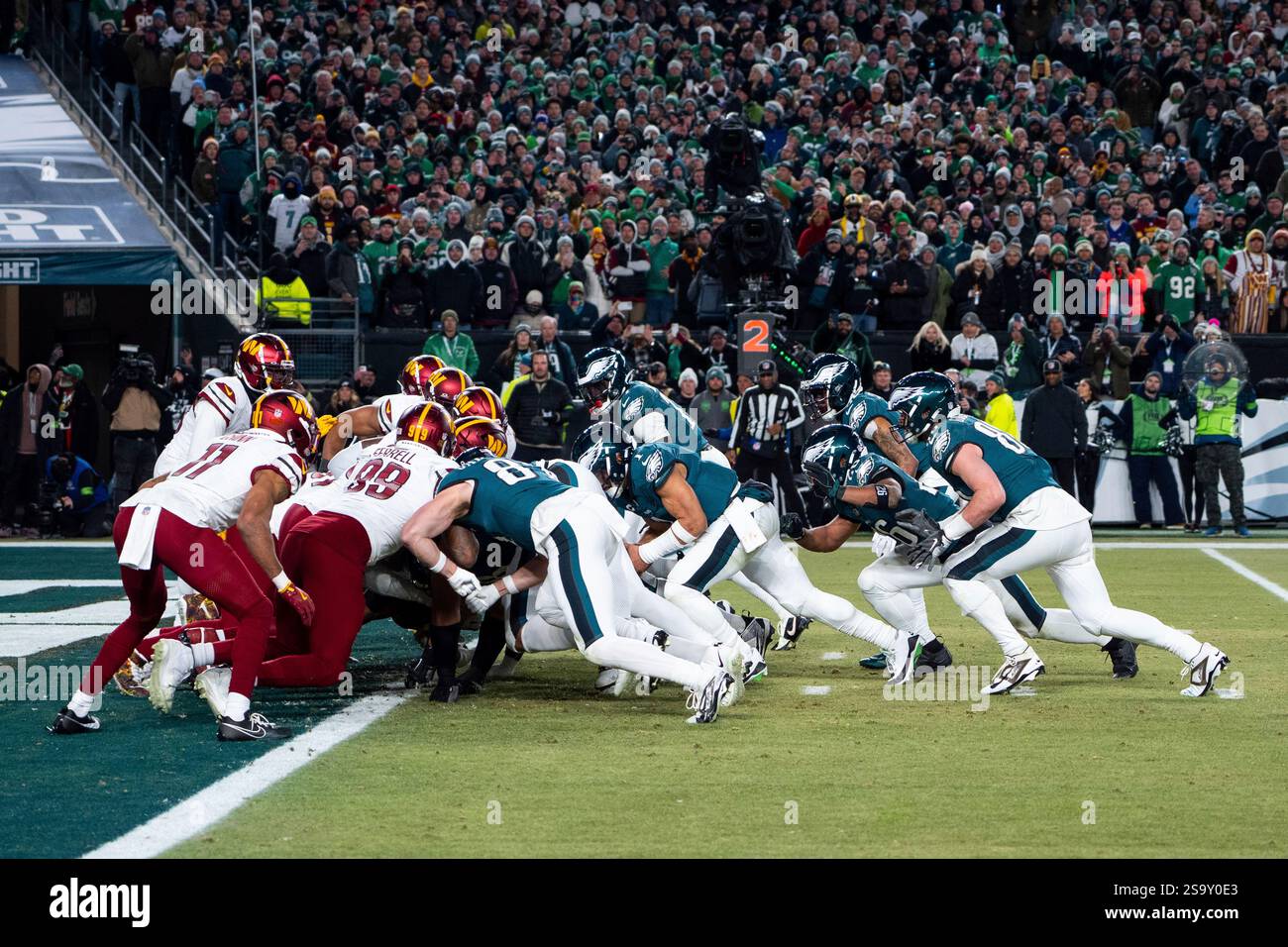 Philadelphia Eagles quarterback Jalen Hurts (1) lines up for the goal line Tush Push play during ...