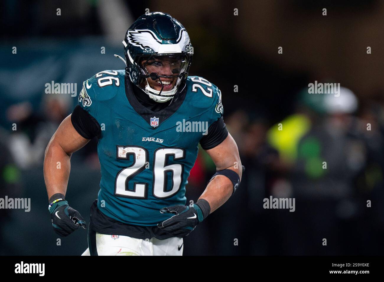 Philadelphia Eagles running back Saquon Barkley (26) reacts to the ...