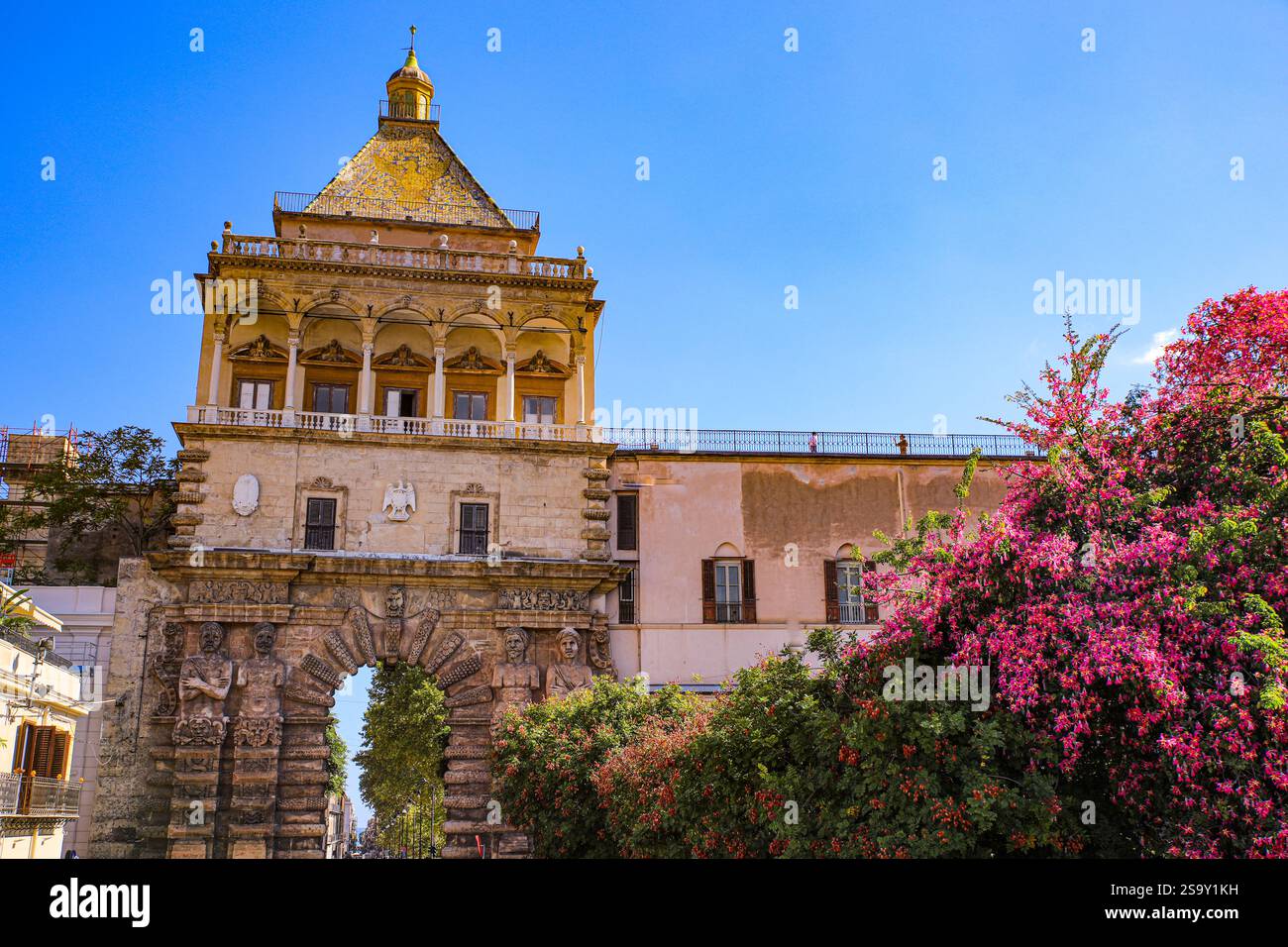 Palermo, Sicily. Porta Nuova, old wall city gate, statue reliefs and ...