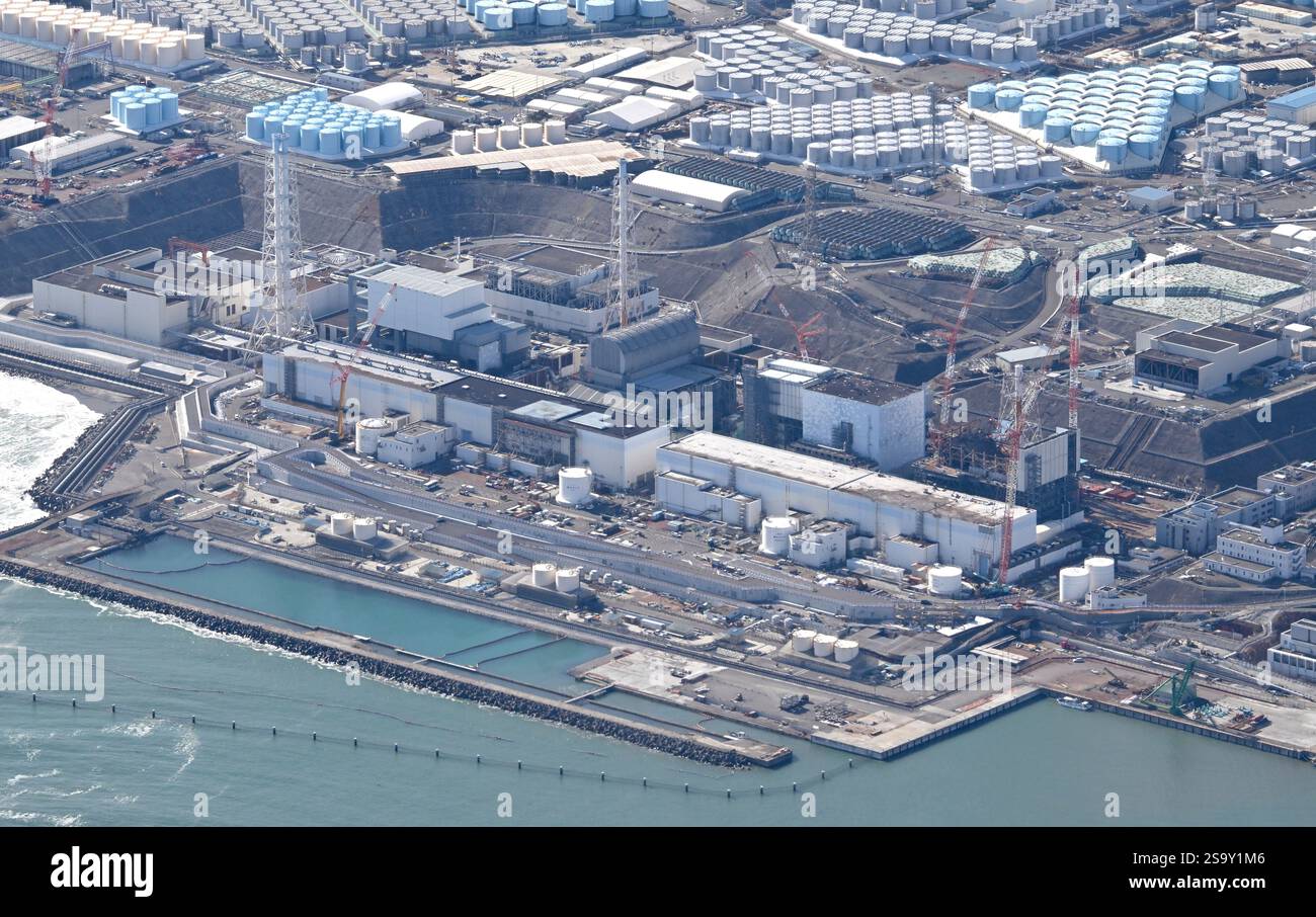 An aerial photo shows the Fukushima Daiichi Nuclear Power Station which a work is underway to ...