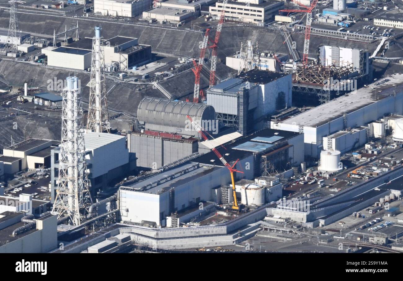 An aerial photo shows the Fukushima Daiichi Nuclear Power Station which a work is underway to ...