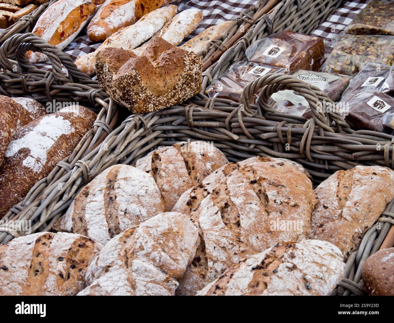 A variety of breads in baskets at a market in the town of Alkmaar Stock ...