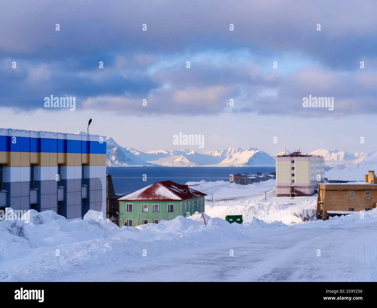 Russian coal mining town Barentsburg at fjord Gronfjorden. The coal ...