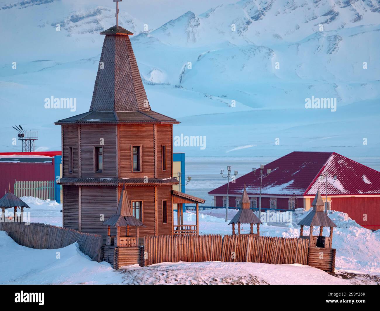 The Russian orthodox church. Russian coal mining town Barentsburg at ...