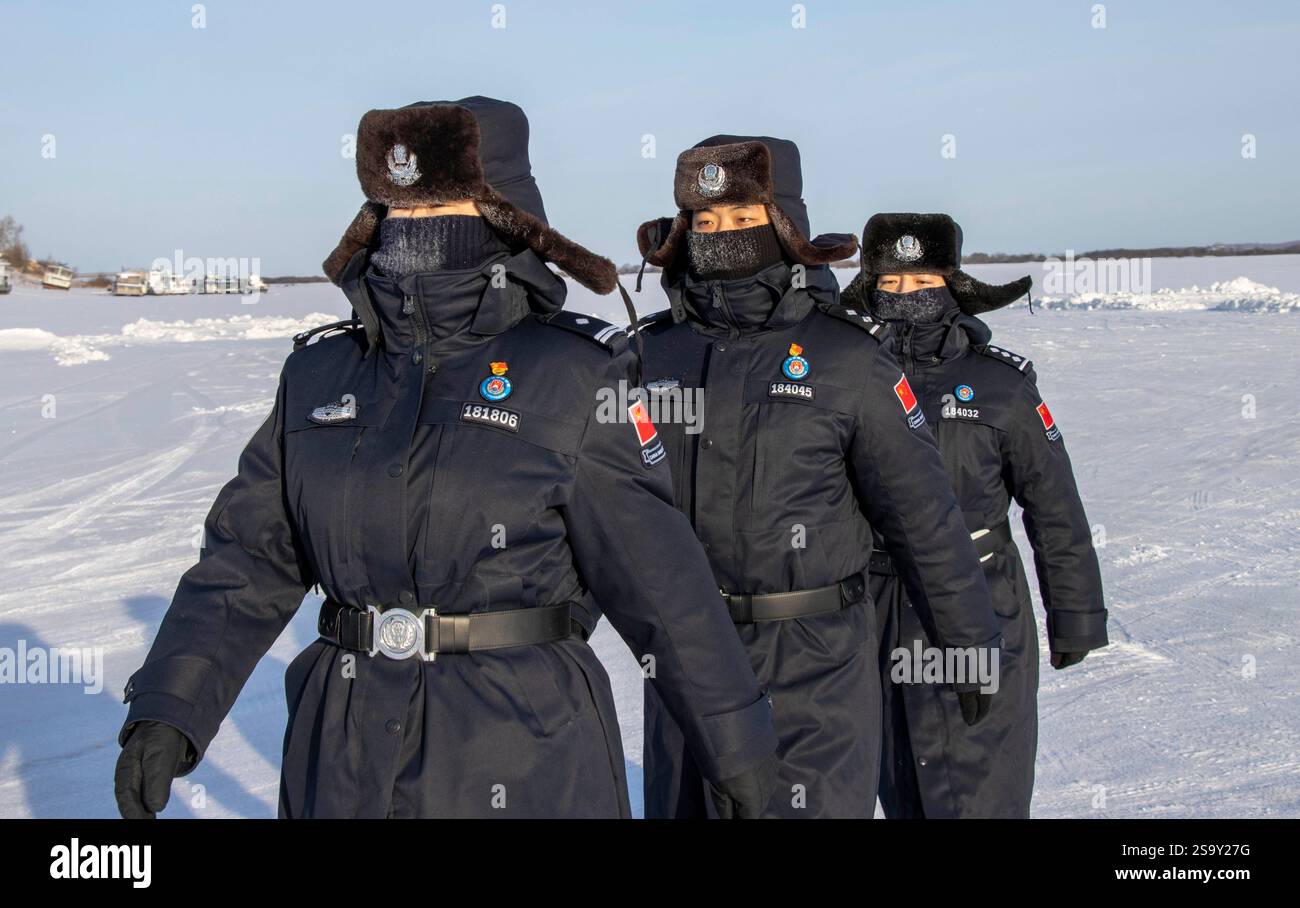 Heilongjiang, China. 28th Jan, 2025. Border police patrol the Huma ...